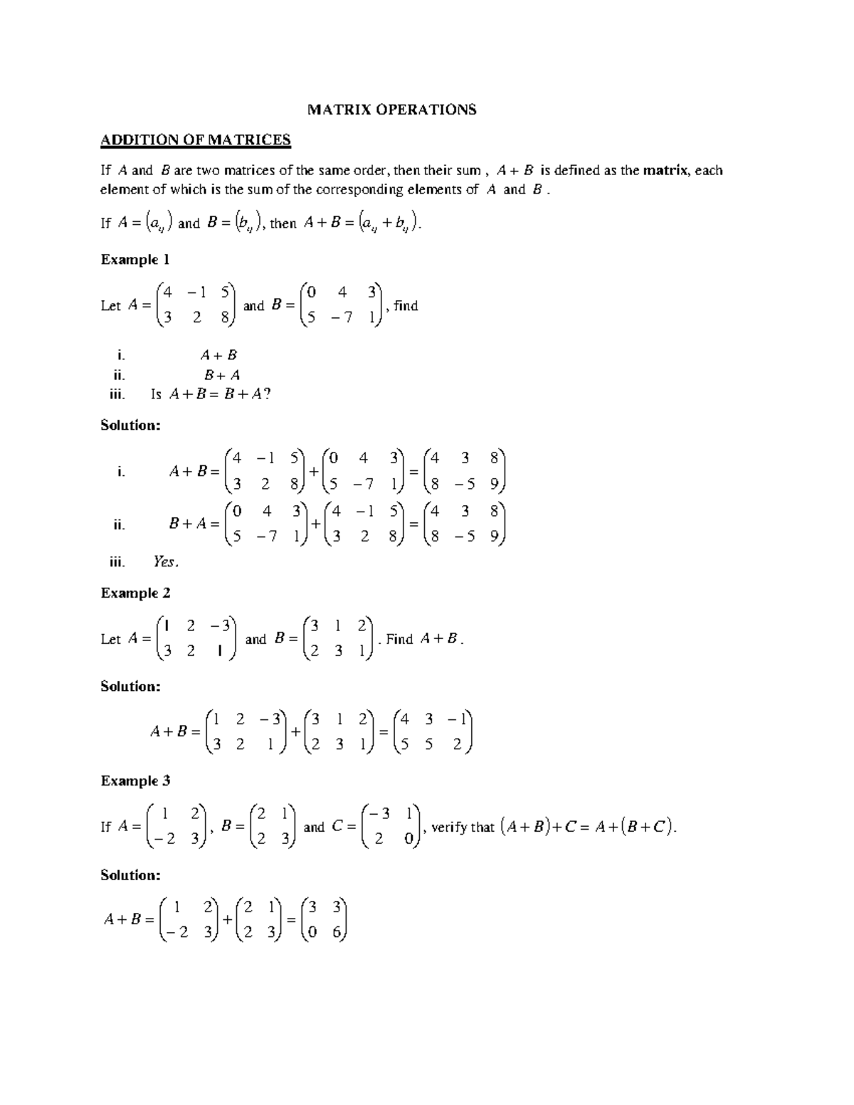 Matrix operations - Lecture notess - MATRIX OPERATIONS ADDITION OF ...