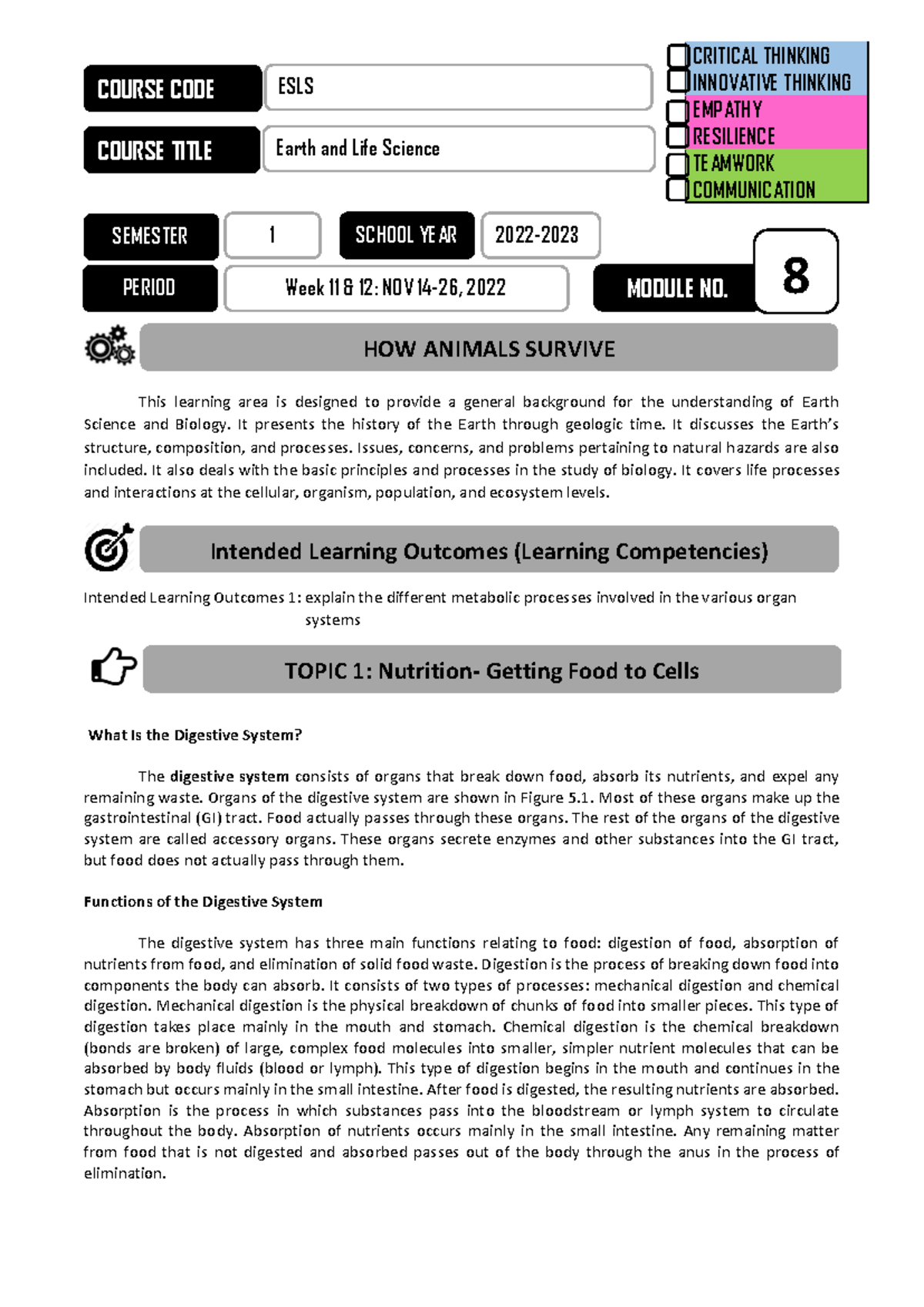 ESLS Module 8: How Animals Survive - Digestive & Respiratory Systems ...