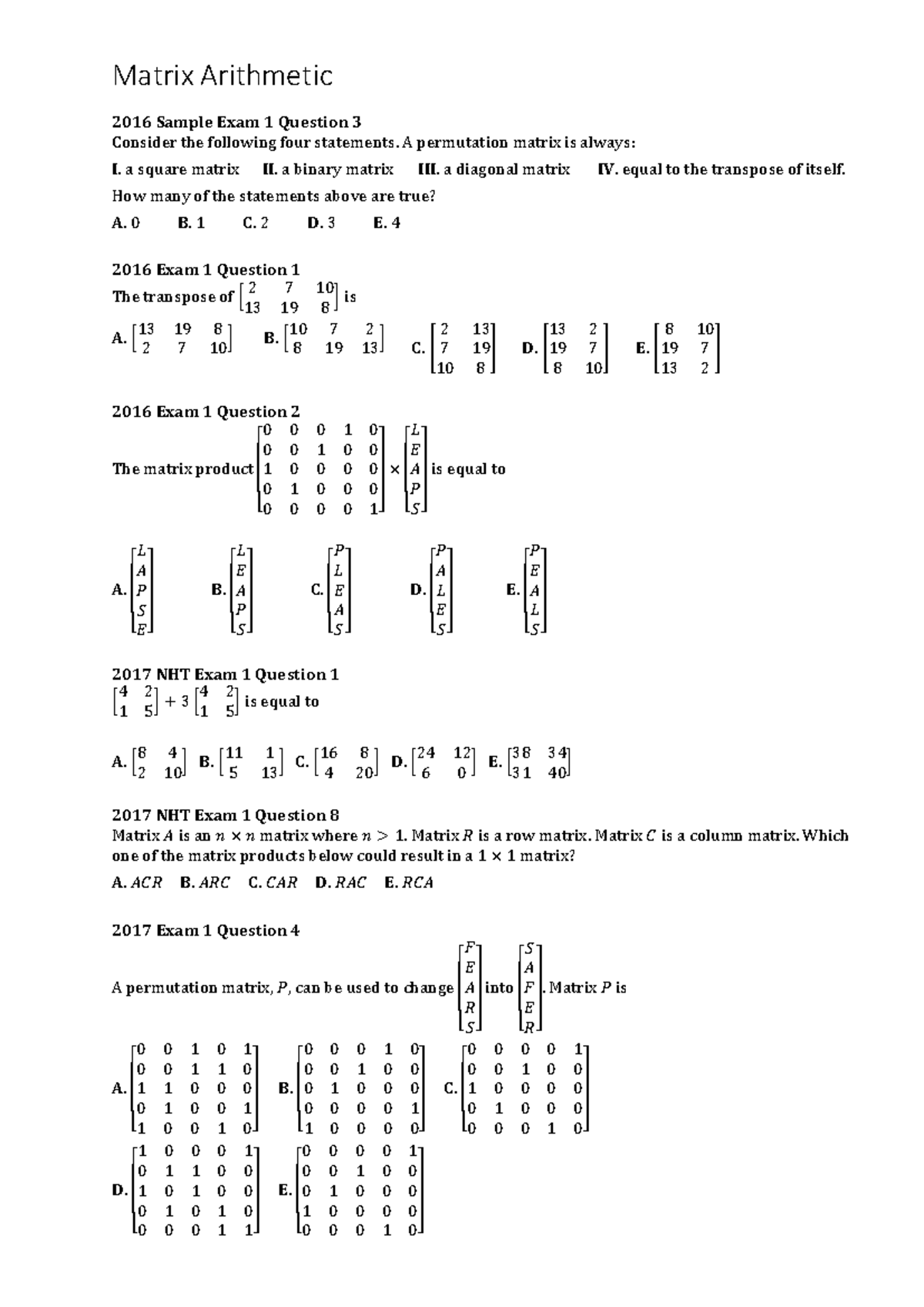 Matrix Arithmetic 2016 Sample Exam 1 Questions and Solutions - Studocu
