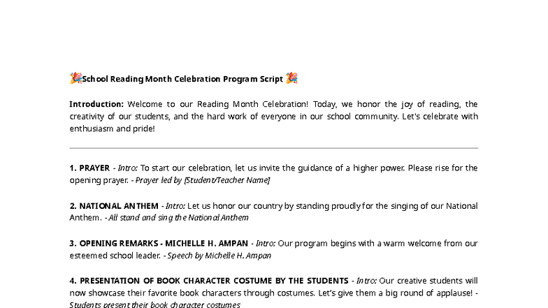 Reading Month Celebration Program Script - Studocu
