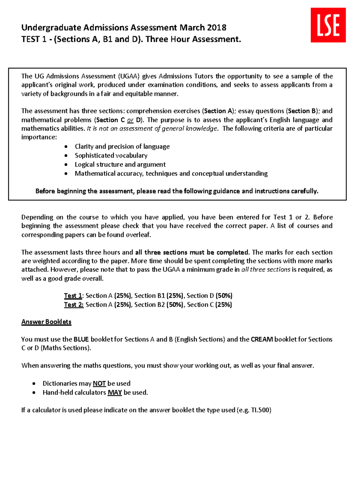 UGAA Exam Test 1 - Undergraduate Admissions Assessment March 2018 - Studocu
