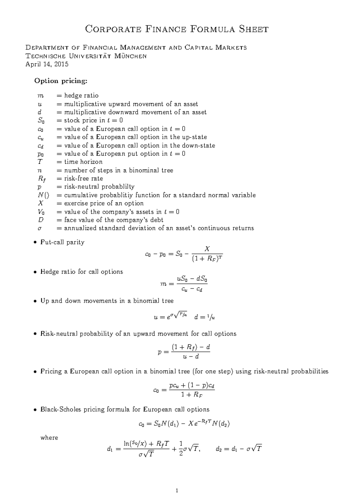Corporate Finance Formula Sheet - Summary for Course FM101 - Studocu