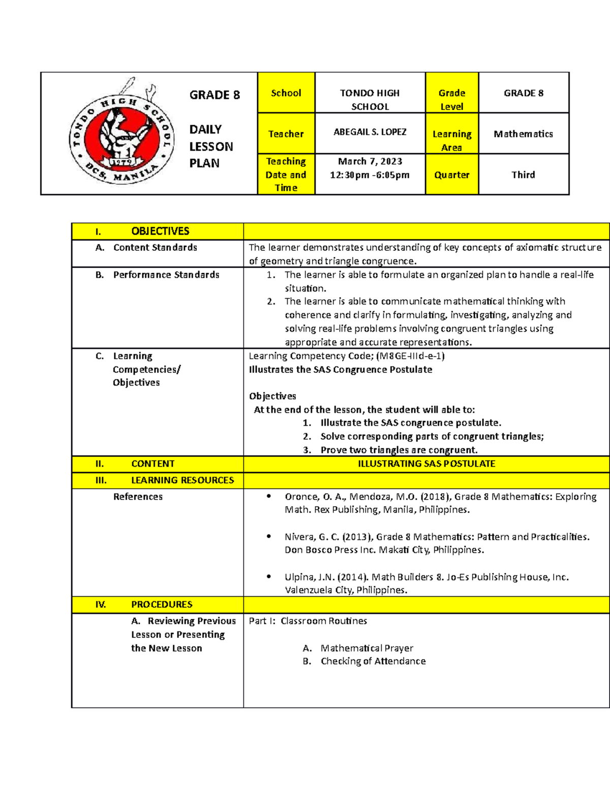 Grade 8 DLP - Lopez - SAS Postulate Lesson Plan and Objectives - Studocu