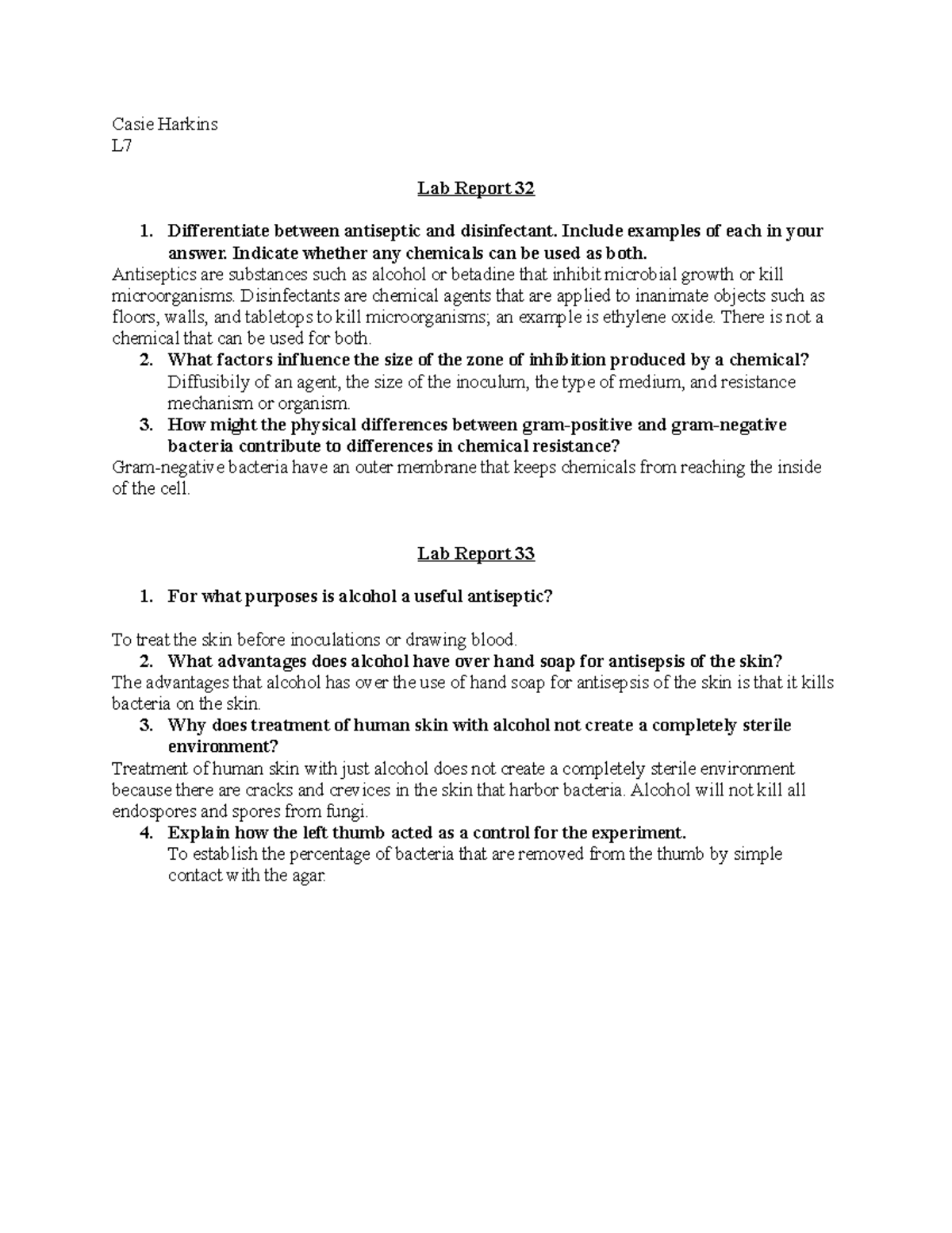 Micro lab lab 32,33 - Short lab report- antiseptic, alcohol - Casie ...