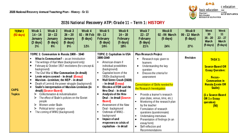 2026 National Recovery ATP: Grade 11 History Teaching Plan - Studocu