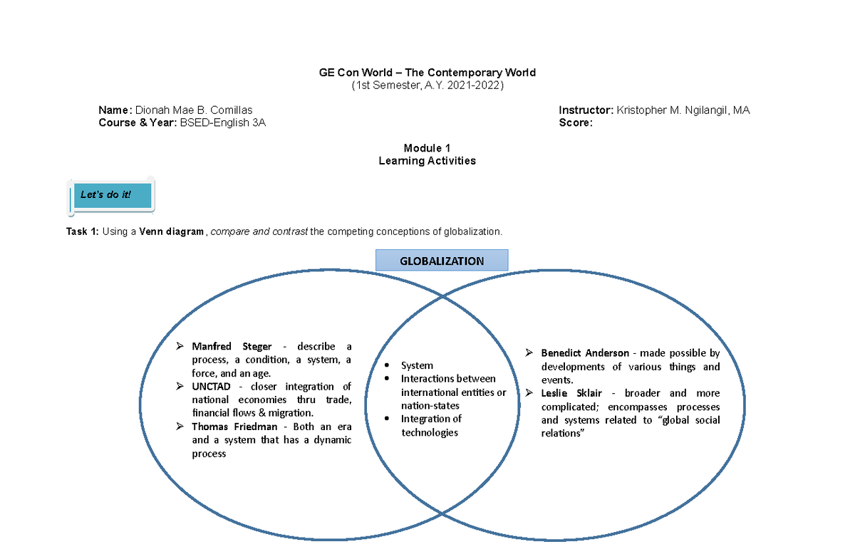 GE Con World: Globalization Venn Diagram, Concept Map, & T-Chart Study - Studocu
