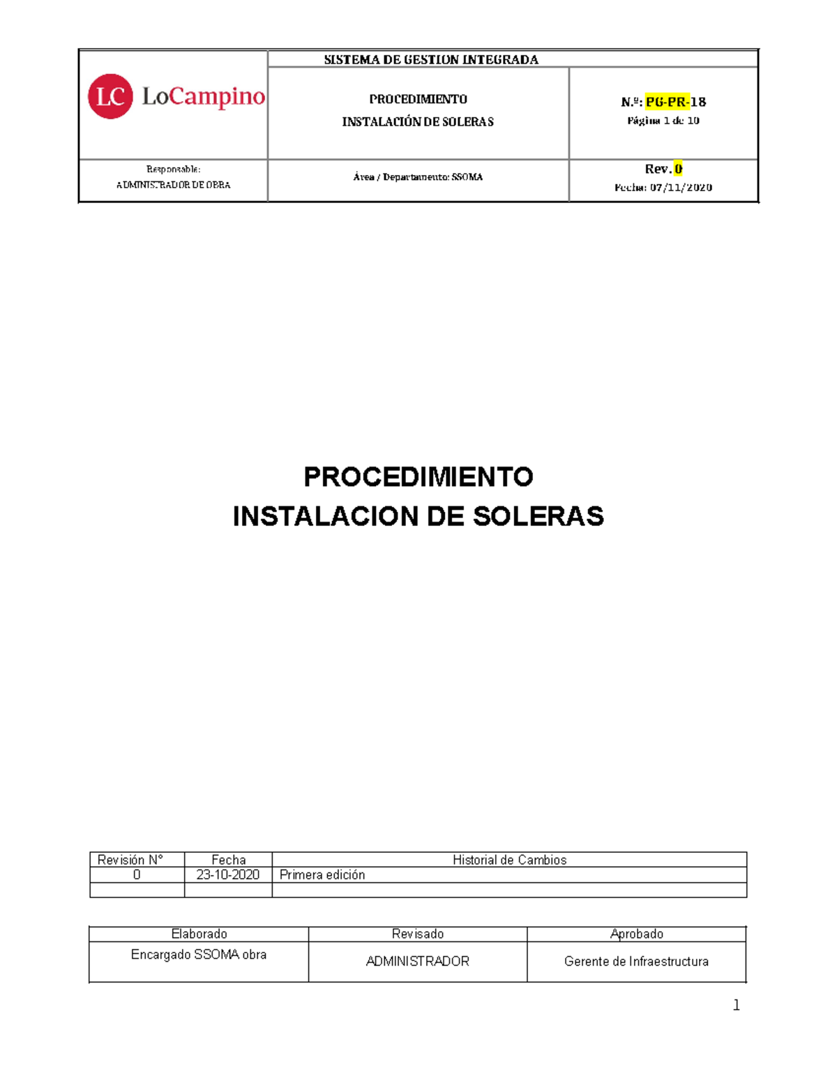 Procedimiento Instalacion DE Soleras LO Campino - PROCEDIMIENTO INSTALACIÓN DE SOLERAS N.º: PG ...