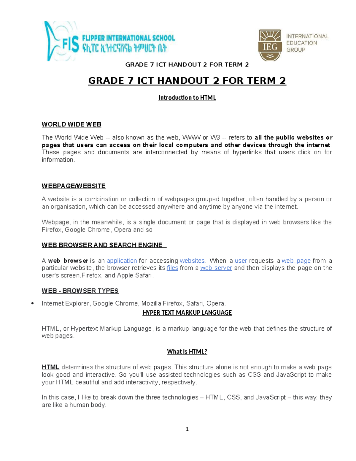Grade 7 ICT Handout 2: HTML & Web Basics for Term 2 Review - Studocu