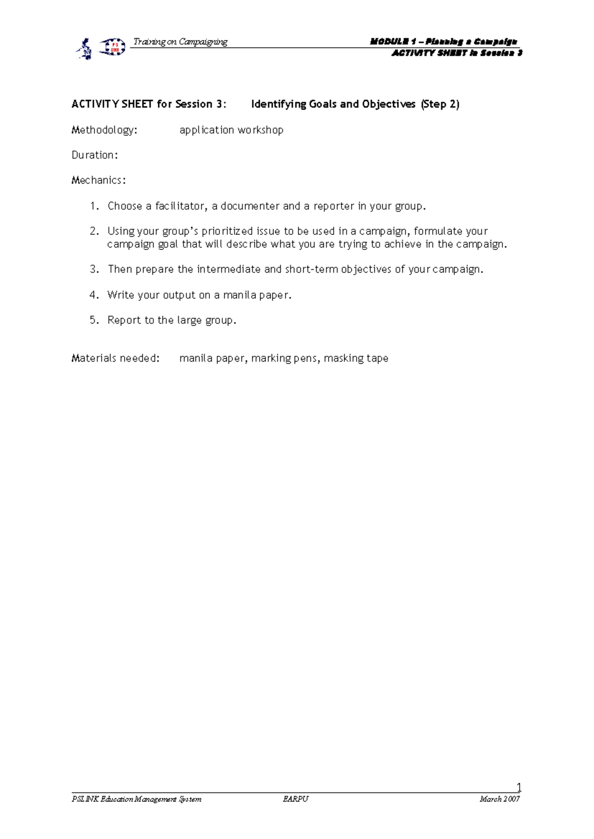 Actvt sht M1-S3 (step2) - Training on Campaigning MODULE 1 – Planning a ...