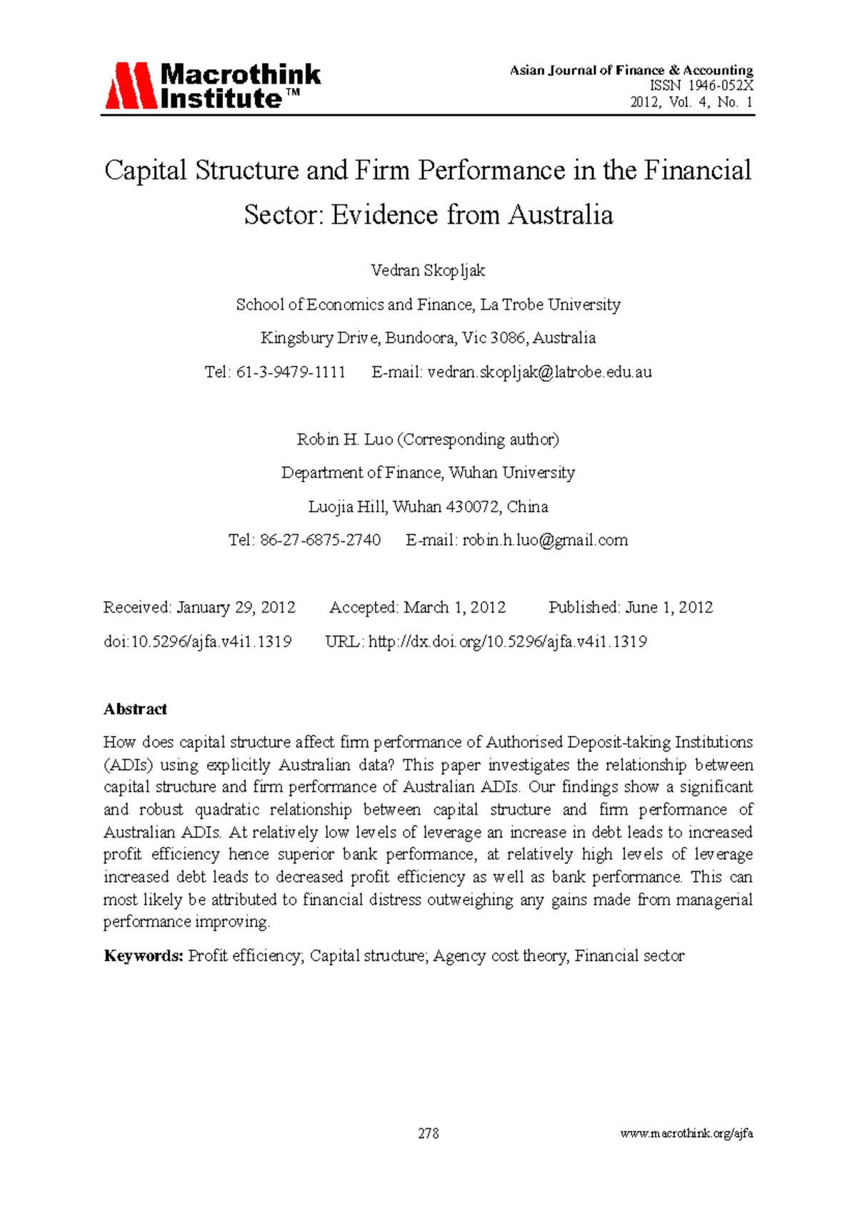 Capital Structure & Firm Performance in Australian ADIs: Evidence from ...