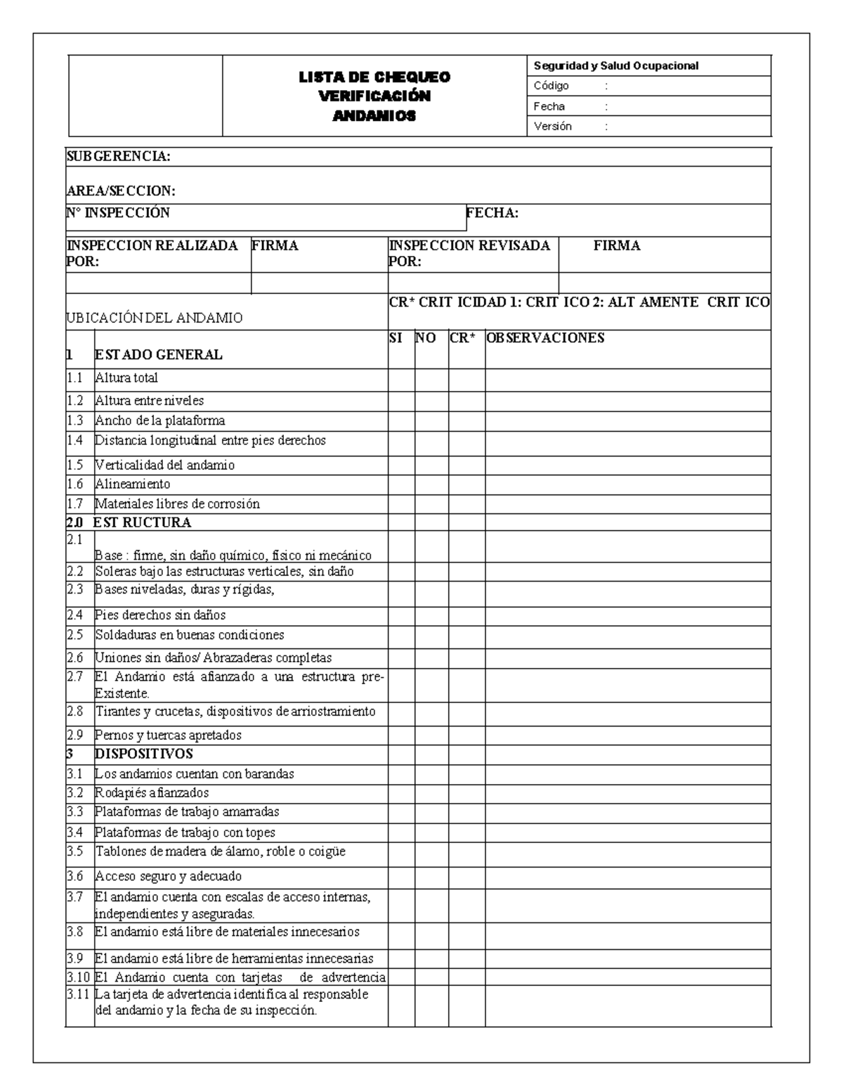 Seguridad y Salud Ocupacional: Lista de Chequeo Andamios 020 - Studocu