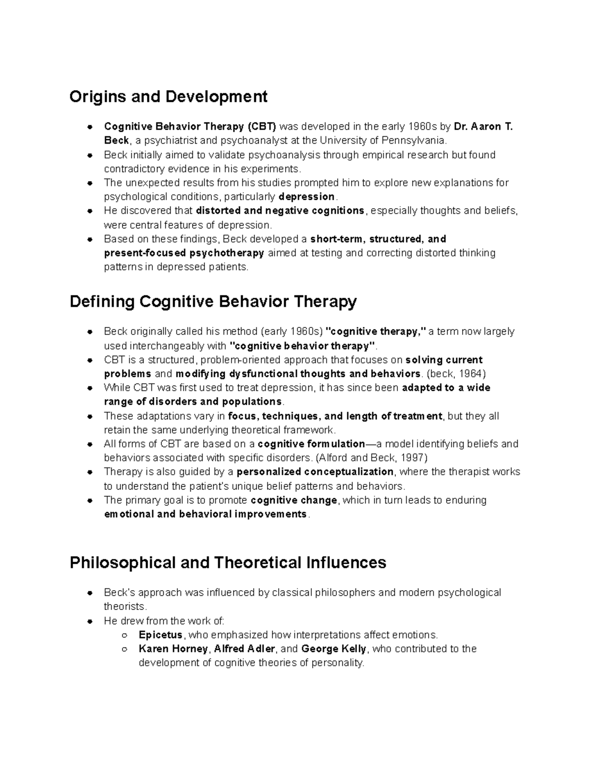 Cognitive Behavior Therapy (CBT) Overview and Development Notes - Studocu