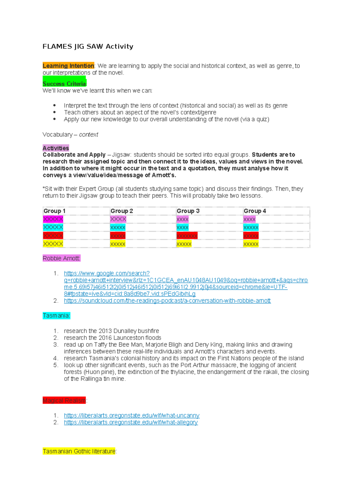 FLAMES JIG SAW Activity: Contextual Analysis of the Novel - Studocu