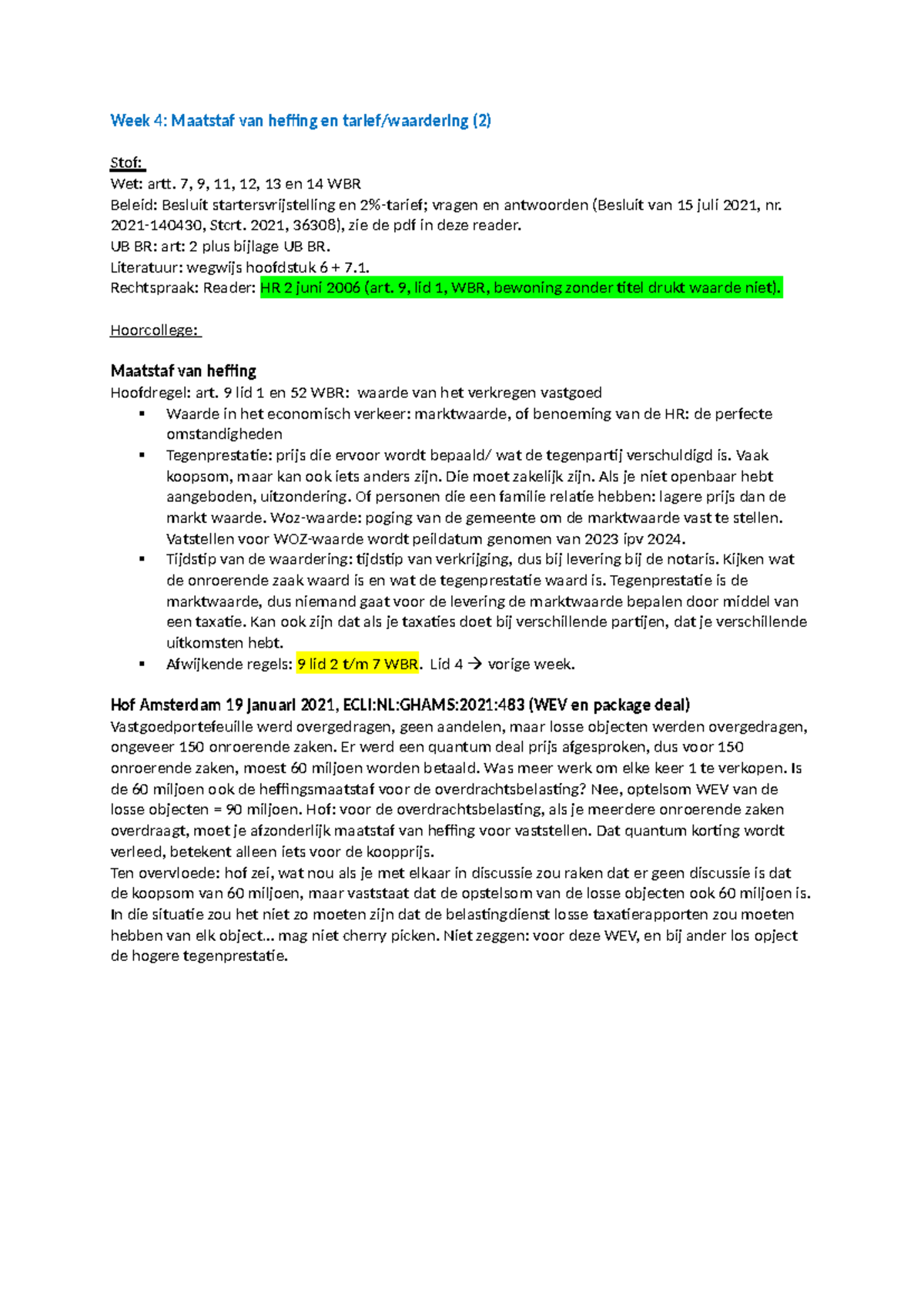 Week 4 OB: Maatstaf van Heffing en Tariefwaardering in WBR - Studeersnel