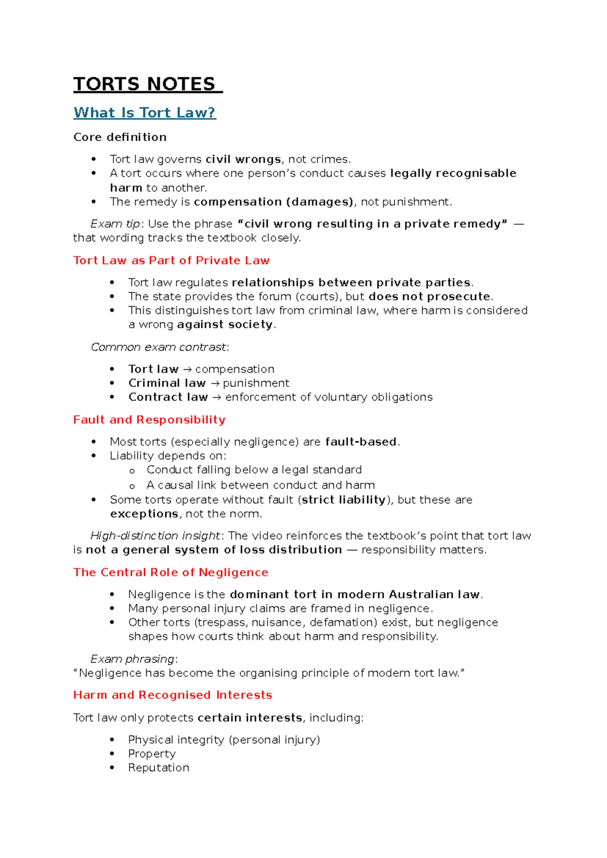 TORTS 101: Understanding Key Concepts and Damages in Tort Law - Studocu