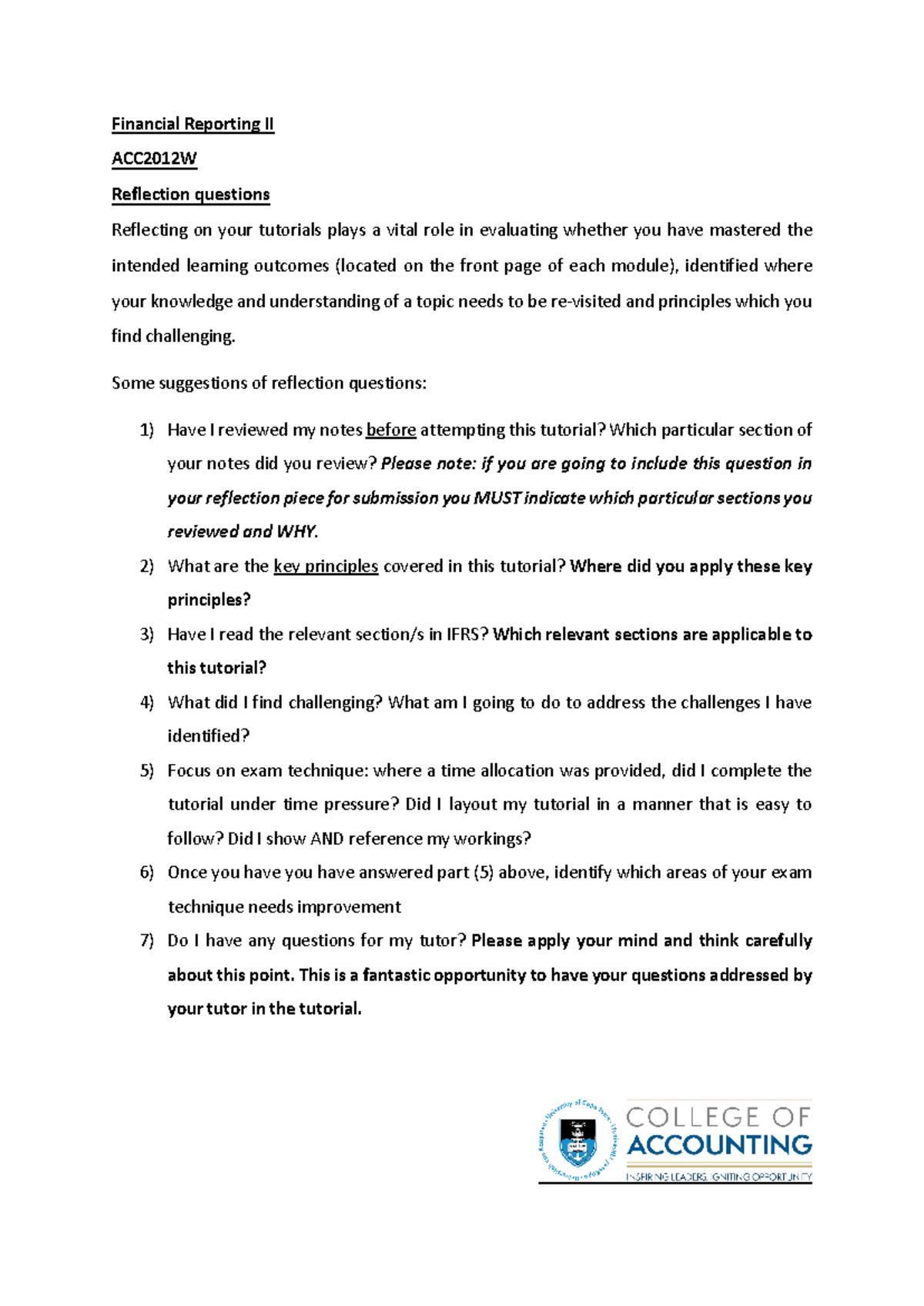 Reflection questions - Financial Reporting II ACC2 0 12W Reflection ...