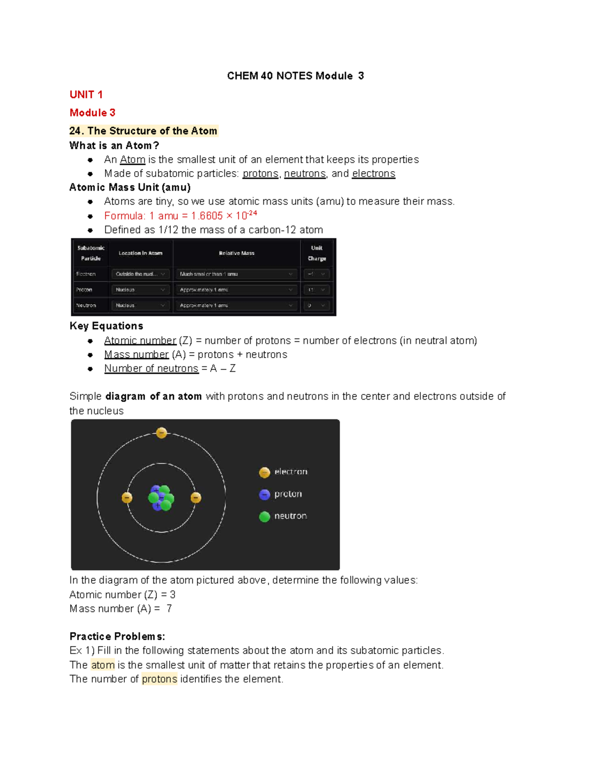 CHEM 40 NOTES: Module 3 - Structure of the Atom & Periodic Table - Studocu