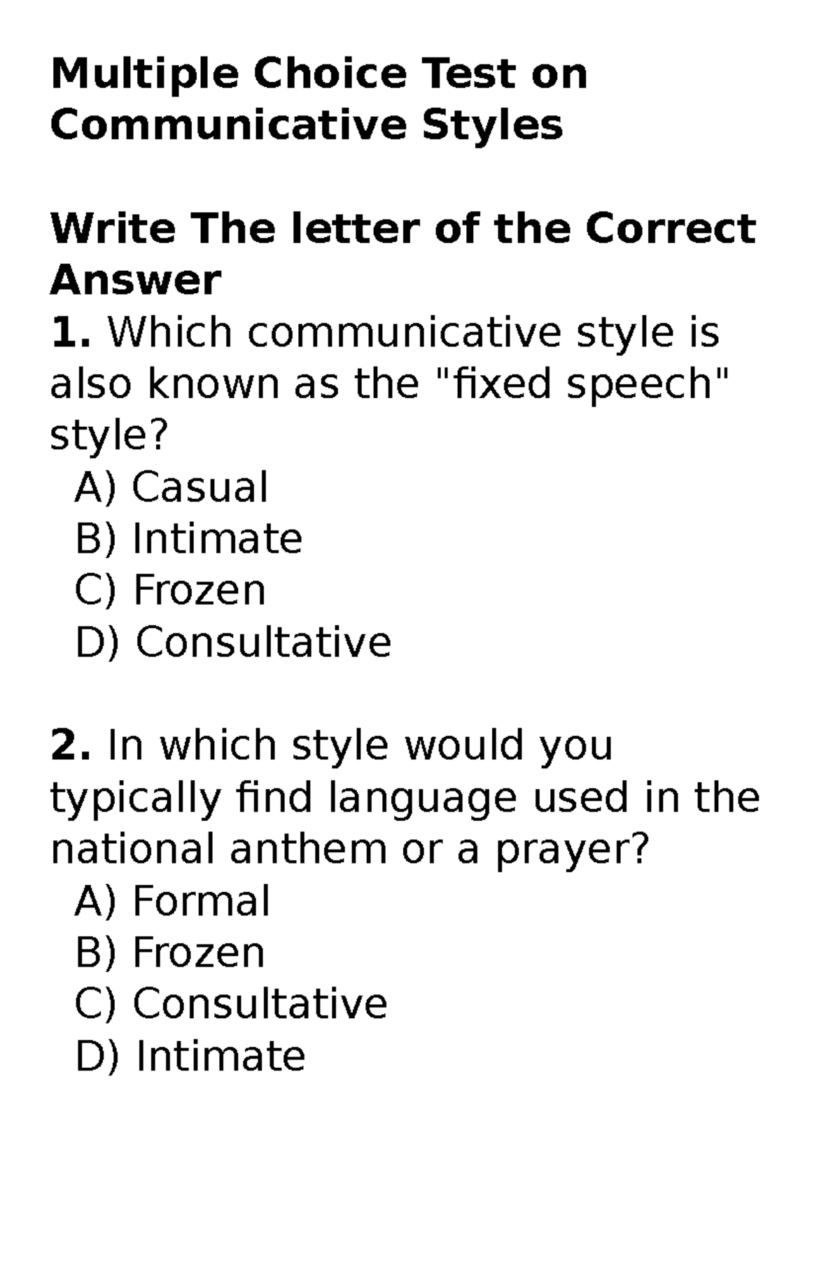 Communicative Styles MCQ Test: Identify the Correct Answer - Studocu