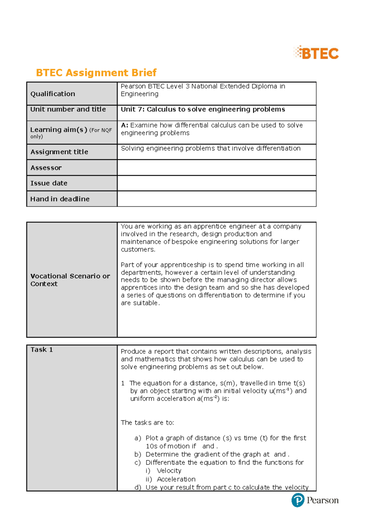 Unit 7: Calculus Application in Engineering Problems - Assignment Brief ...