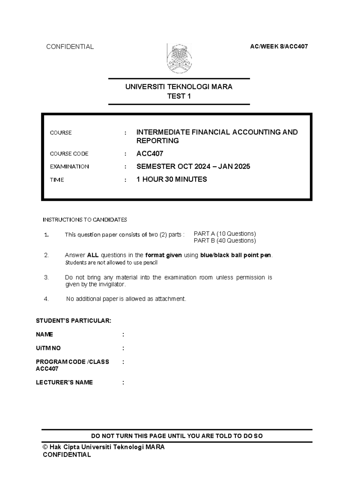 ACC407 - Test 1: Intermediate Financial Accounting & Reporting - Studocu