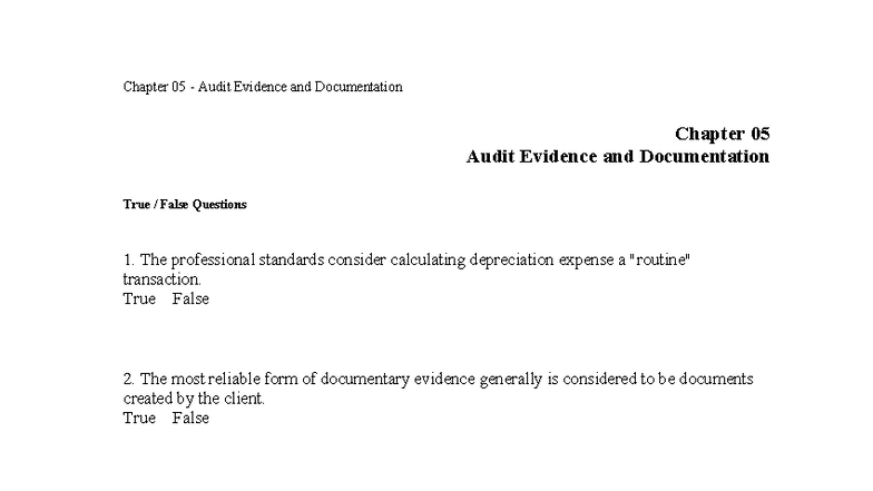 Chapter 05 Audit Evidence & Documentation Test Bank Questions - Studocu