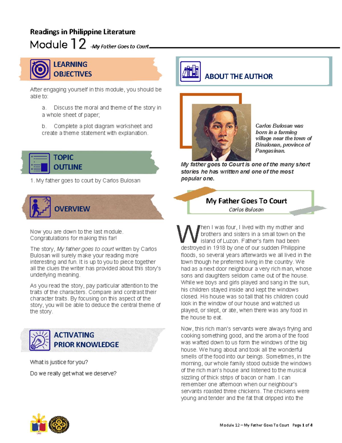 Module 12: Insights on "My Father Goes to Court" by Carlos Bulosan ...