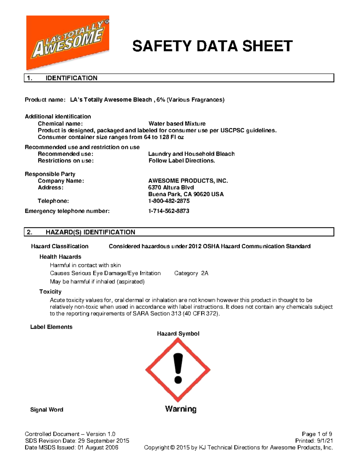 SDS for Totally Awesome Bleach (Various Fragrances) - Version 2.0 - Studocu