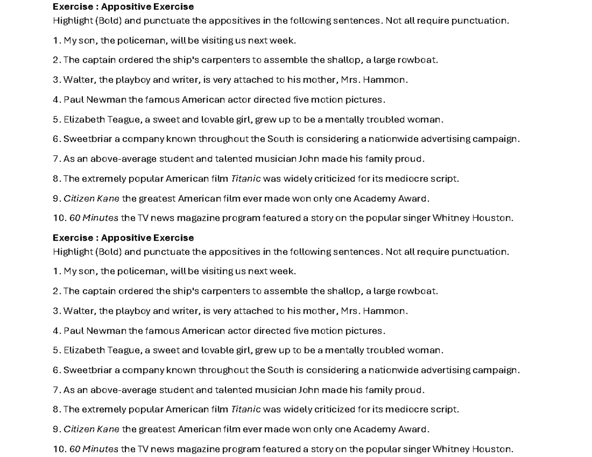 ENG 101: Appositive Exercise with Punctuation and Bold Formatting - Studocu