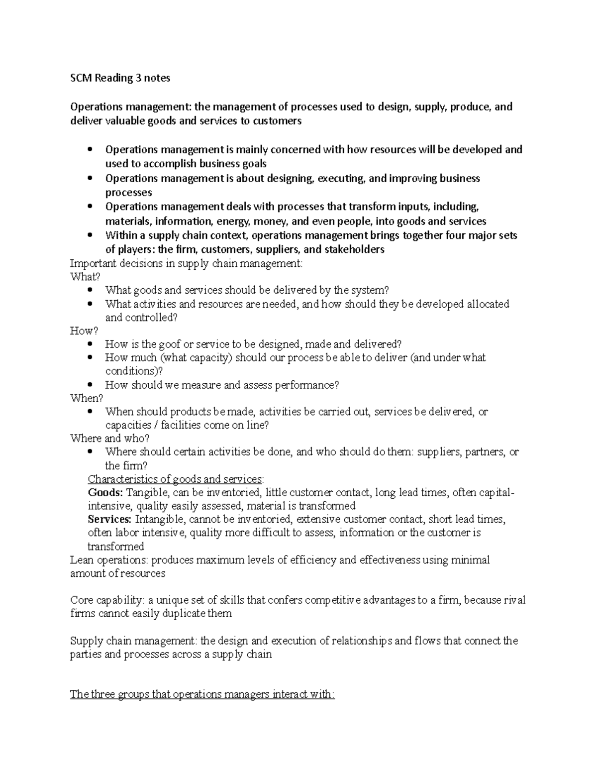 SCM reading 3 notes - SCM Reading 3 notes Operations management: the ...
