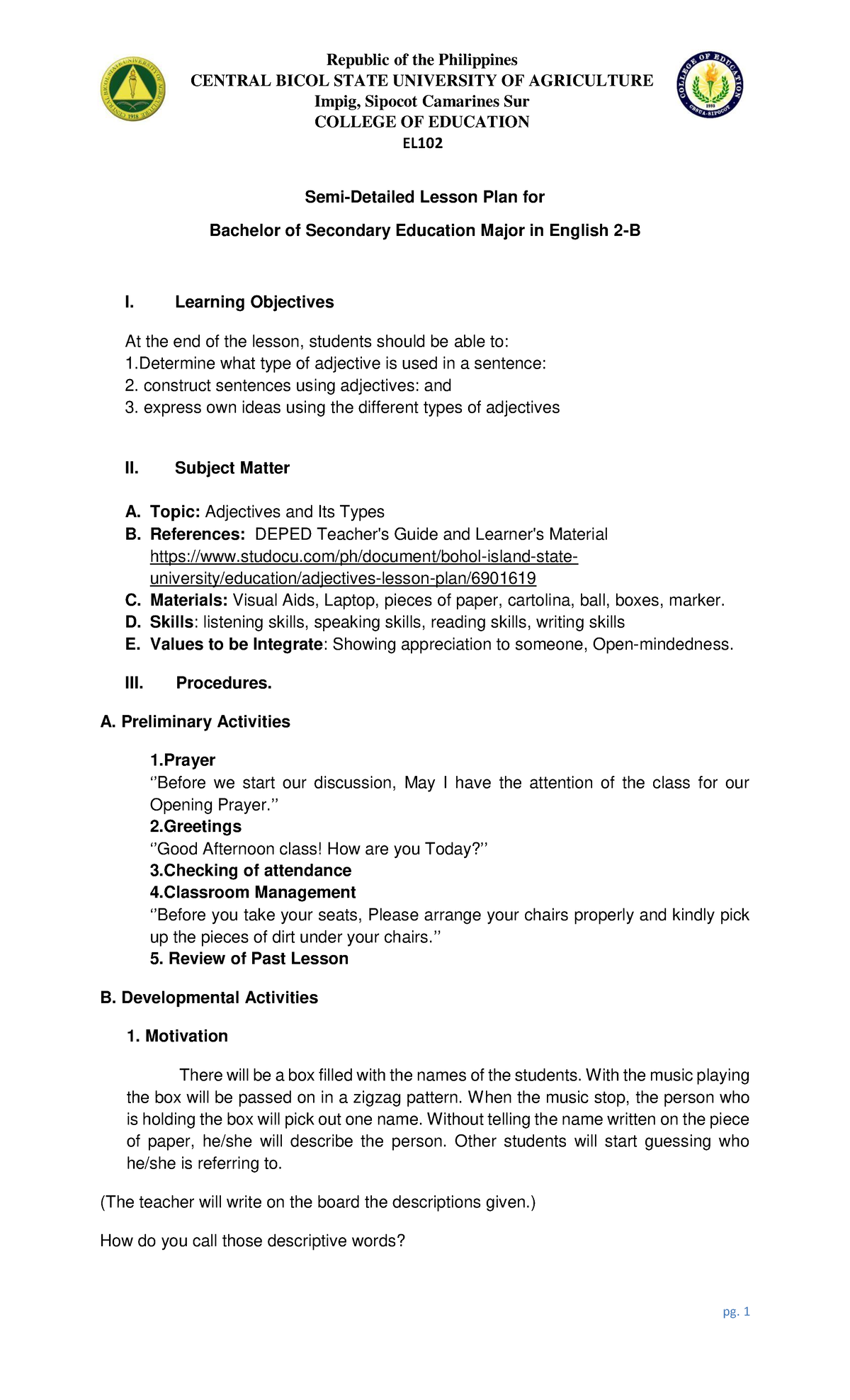 Semi-Detailed Lesson Plan on Adjectives - BSED English 2-B EL102 - Studocu