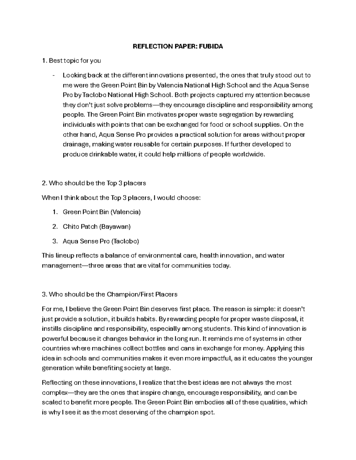 Reflection Paper: Innovations in Environmental Responsibility - Studocu
