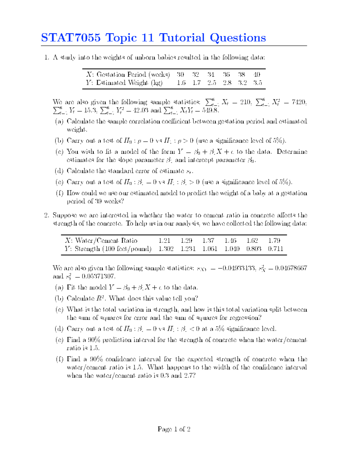 STAT7055 Topic 11 Tutorial Questions on Gestation & Concrete Strength ...