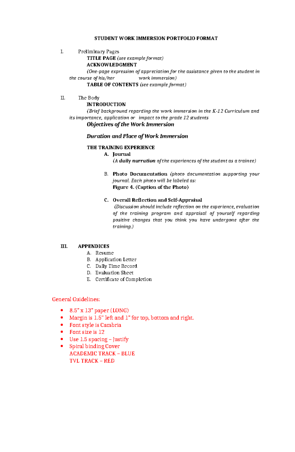 WORK IMMERSION PORTFOLIO FORMAT: GUIDELINES & STRUCTURE - Studocu