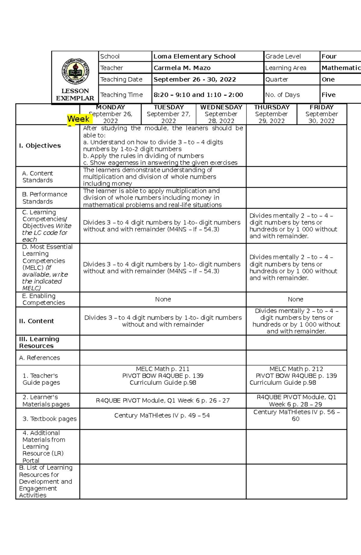 LE MATH4 WEEK6 - lesson exemplar - LESSON EXEMPLAR School Loma ...