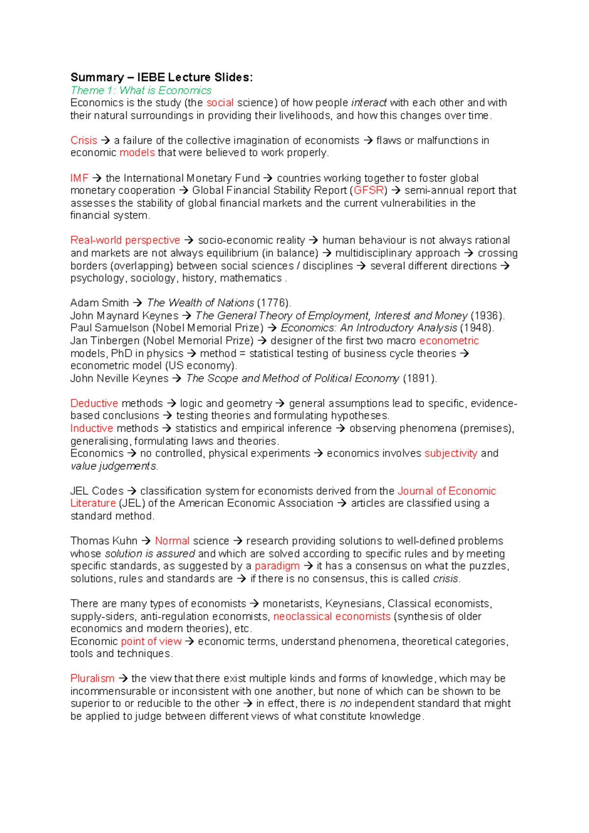 IEBE Lecture Summary – Key Economic Concepts and Theories - Studeersnel