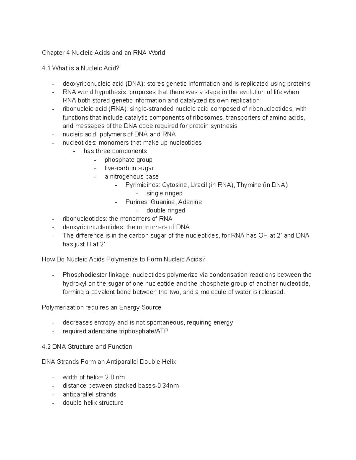 Bio Textbook Notes: Chapter 4 - Nucleic Acids & RNA World - Studocu