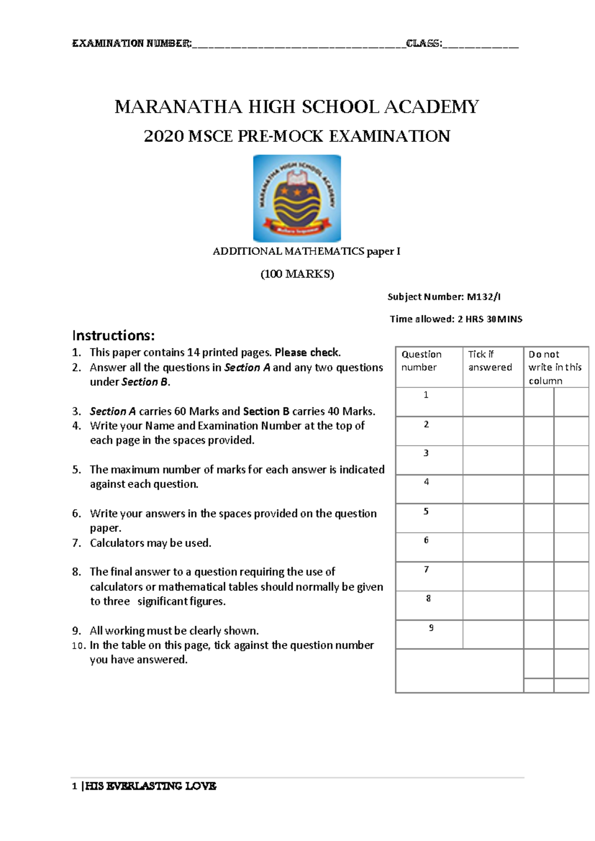 M132/I 2020 Additional Mathematics Pre-Mock Exam Paper Summary - Studocu