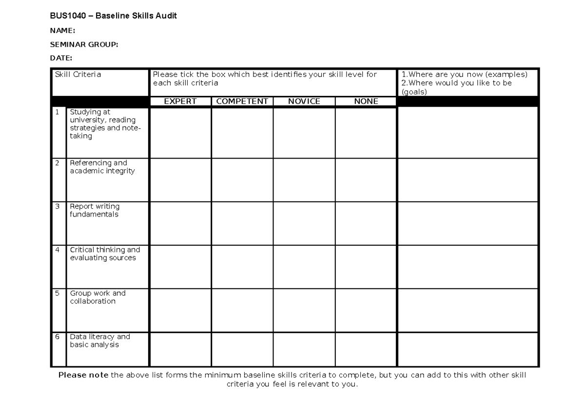 BUS1040 Baseline Skills Audit Template for Student Assessment - Studocu