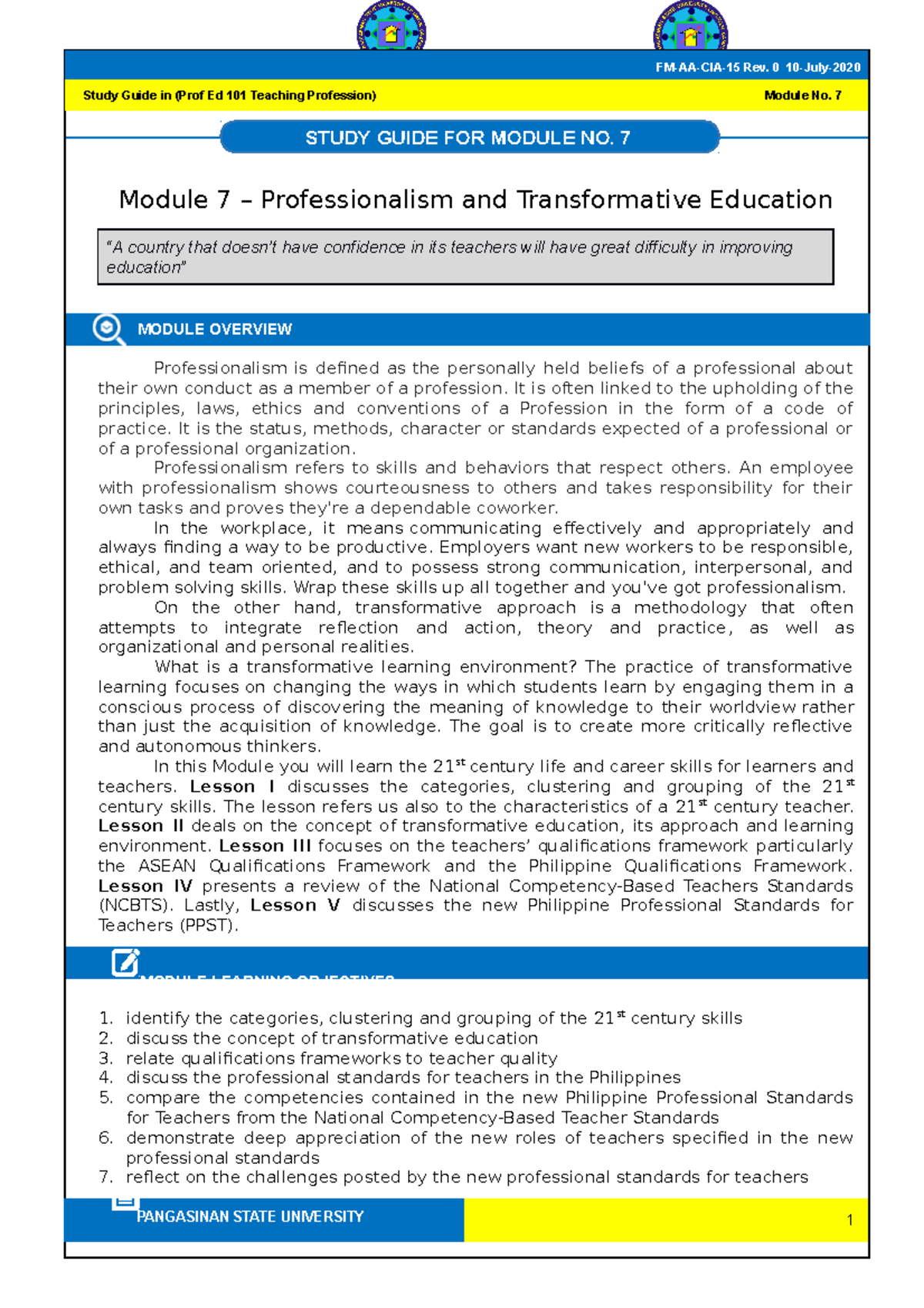 Module 7: Professionalism & Transformative Education Insights (Prof Ed ...