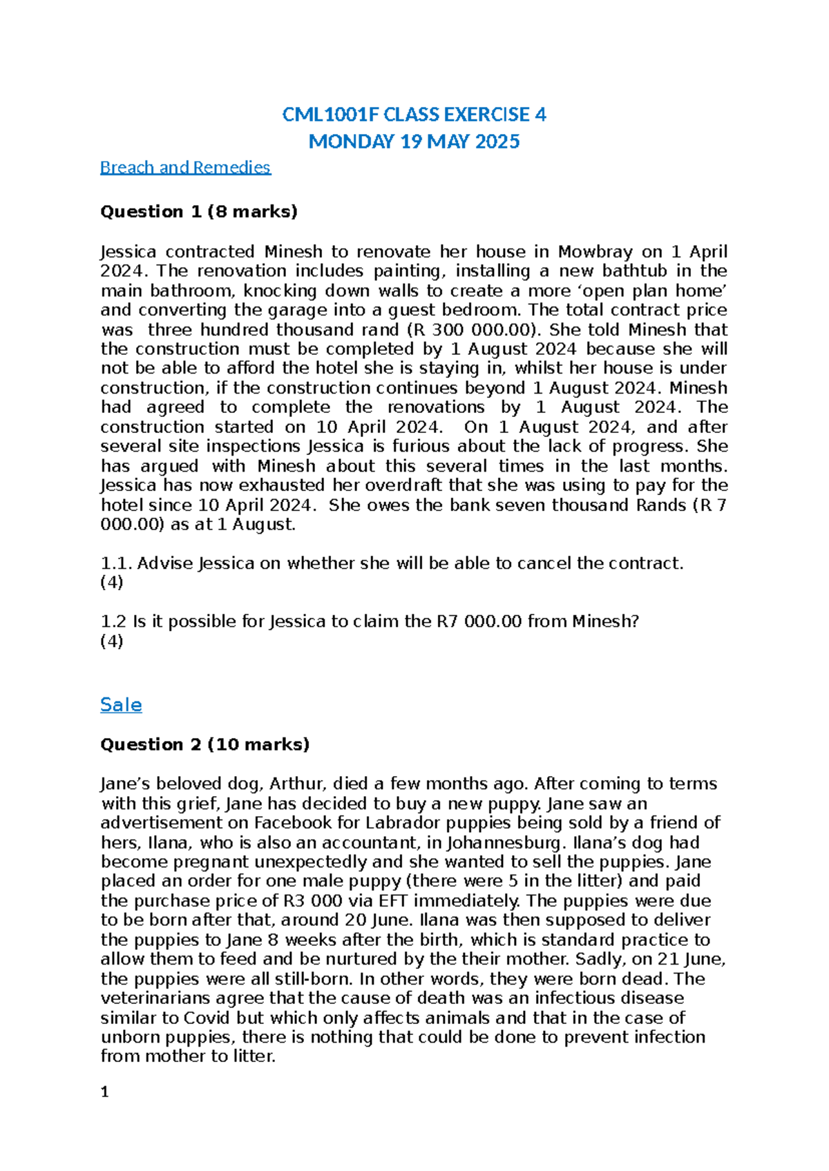 CML1001F Class Exercise 4: Breach of Contract & Remedies Analysis - Studocu