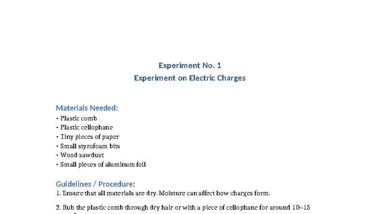 Experiment No. 1: Simple Electric Charges Study - Studocu
