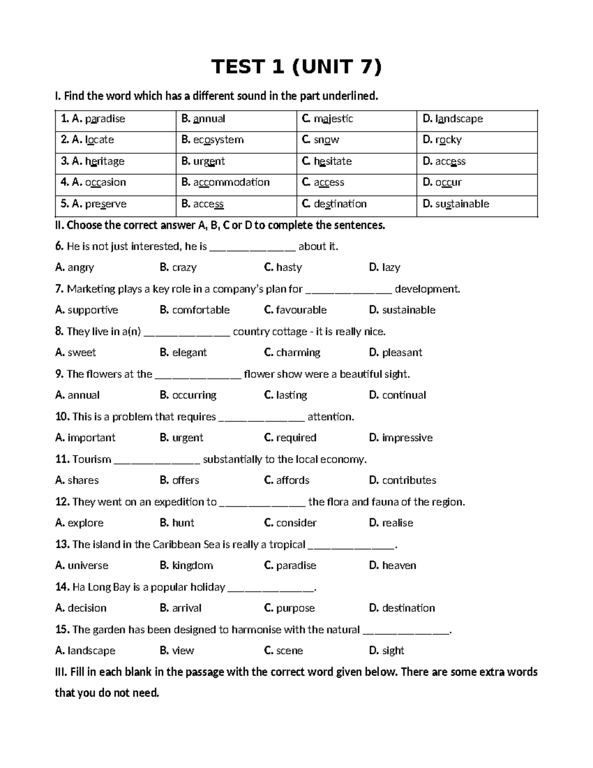 Bài Tập Global Success 9: TEST 1 (UNIT 7) - Vocabulary & Comprehension ...