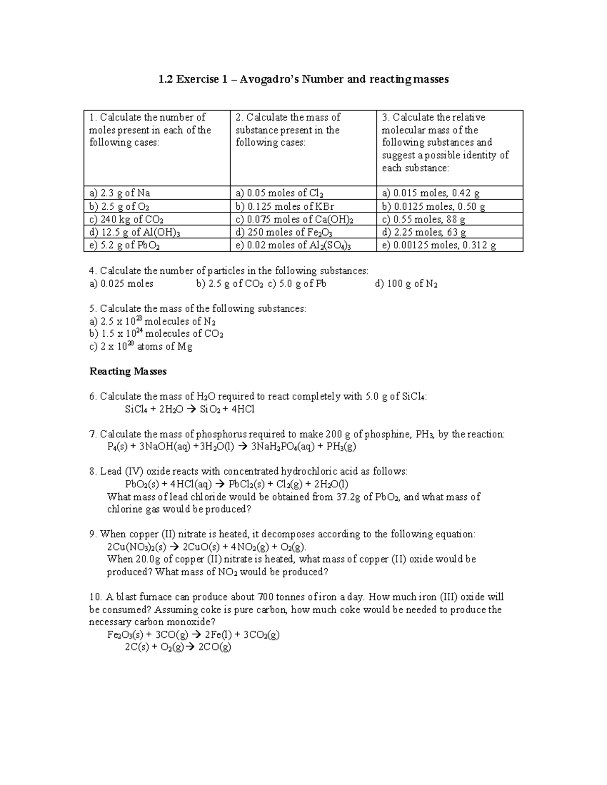 1.2 Exercise 1: Moles and Reacting Masses Calculations - Studocu