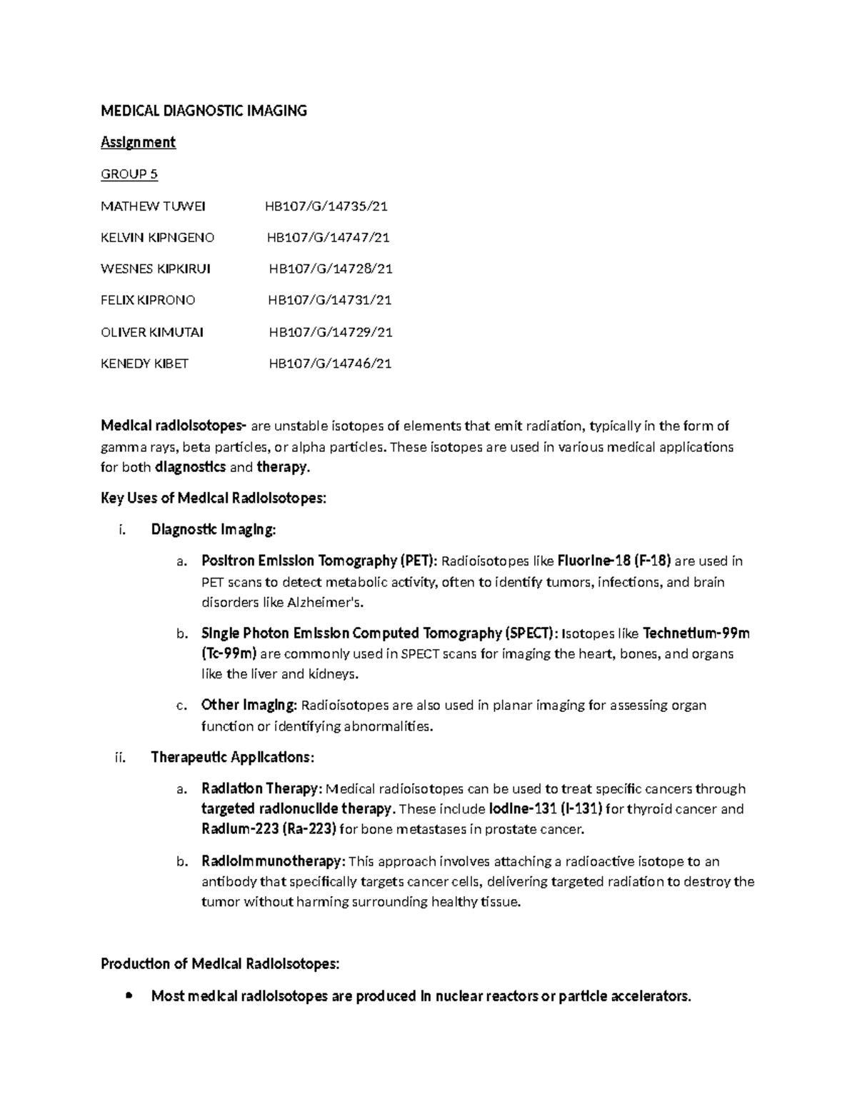 Medical Diagnostic Imaging - MEDICAL DIAGNOSTIC IMAGING Assignment GROUP 5 MATHEW TUWEI - Studocu
