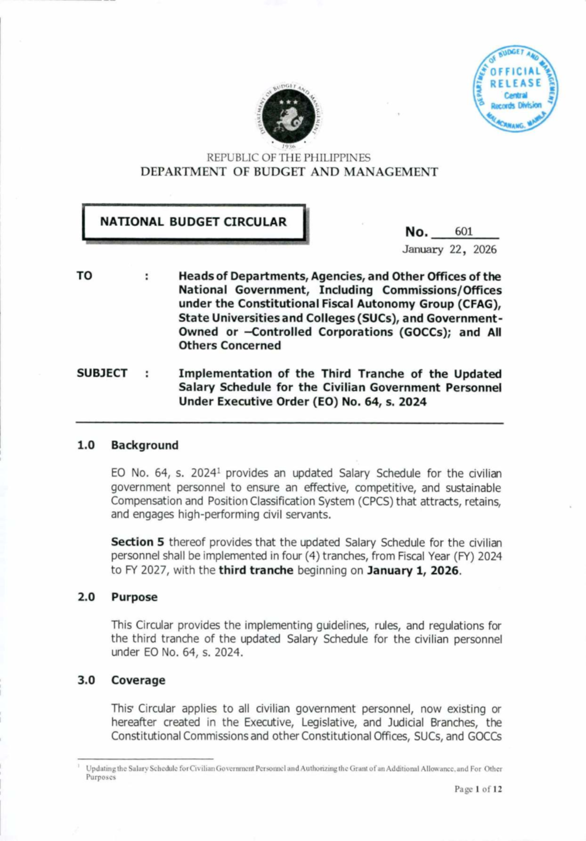 National Budget Circular No. 601: Implementation of 3rd Tranche Salary ...