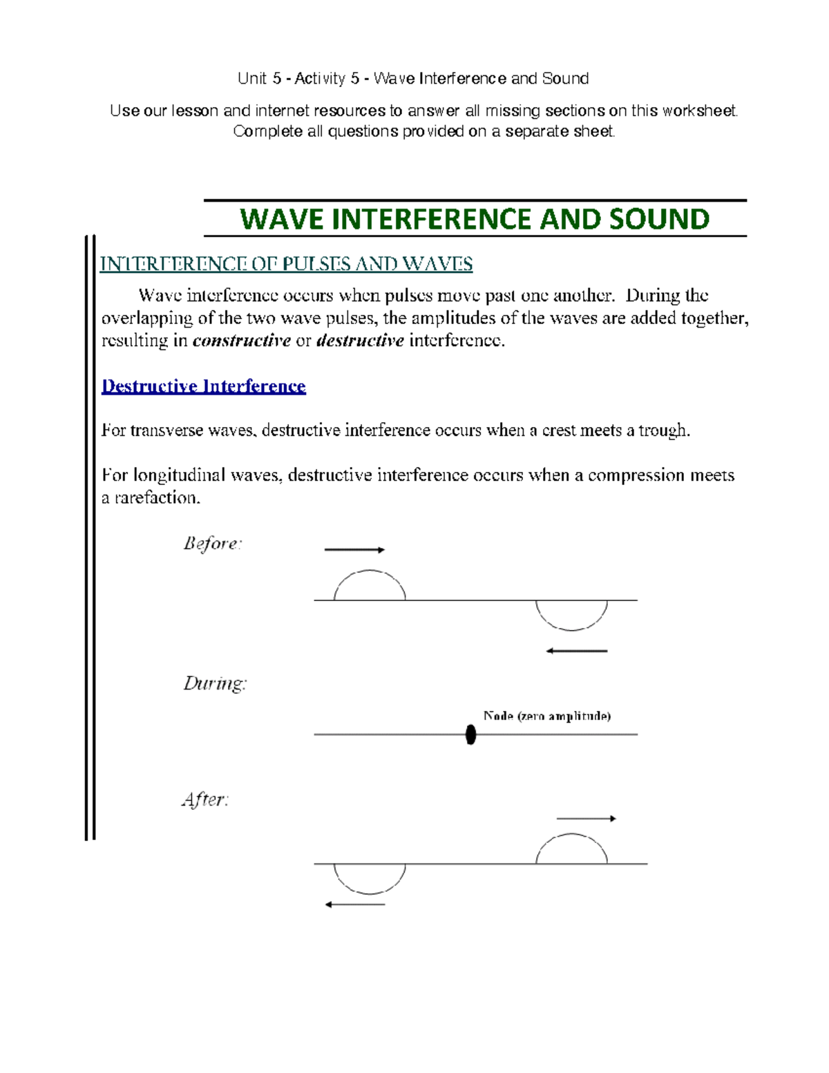 Unit 5 - Activity 5 - Wave Interference and Sound - Unit 5 - Activity 5 ...