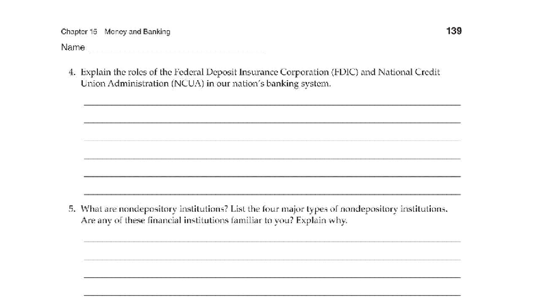 Ch 15 Money & Banking: FDIC, NCUA, & Nondepository Institutions - Studocu