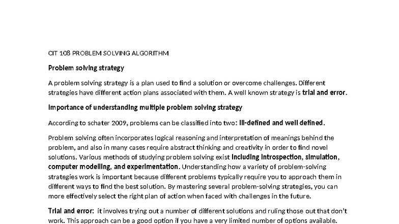 CIT 108 Problem Solving Algorithms: Strategies and Techniques - Studocu