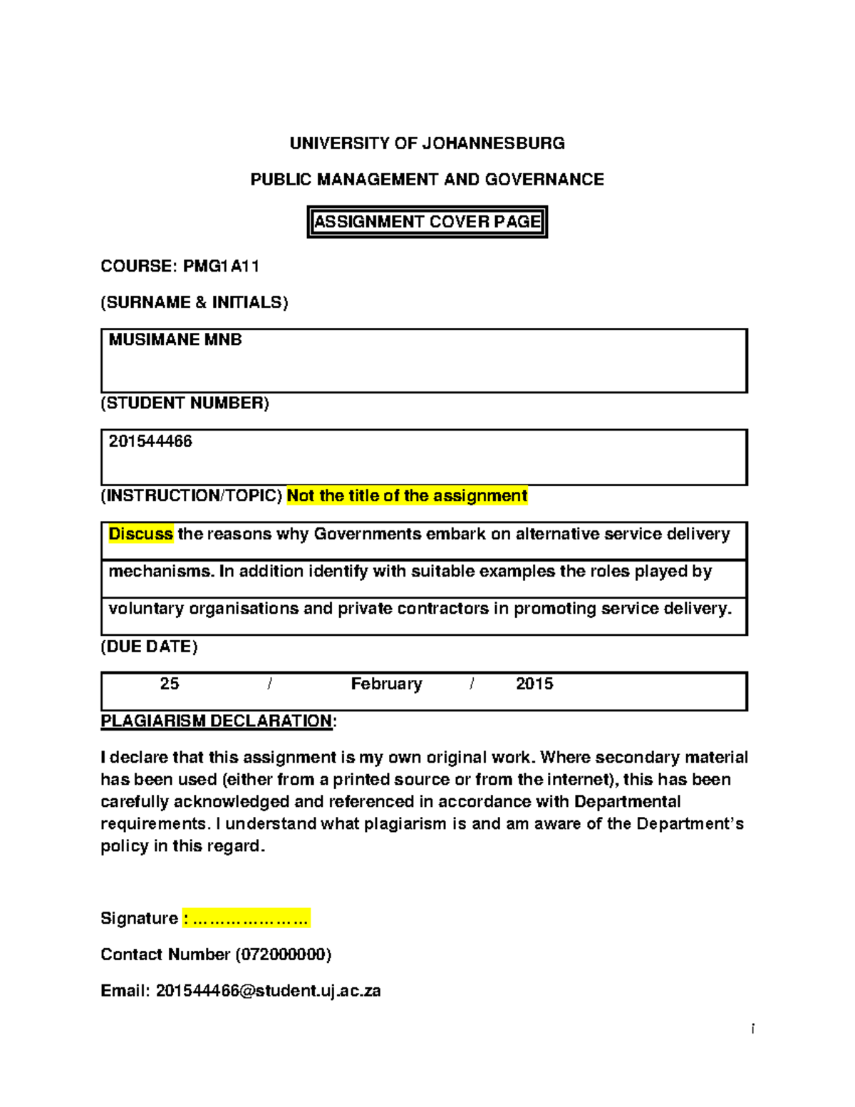 PMG1A MAIN Assignment Example - i UNIVERSITY OF JOHANNESBURG PUBLIC ...