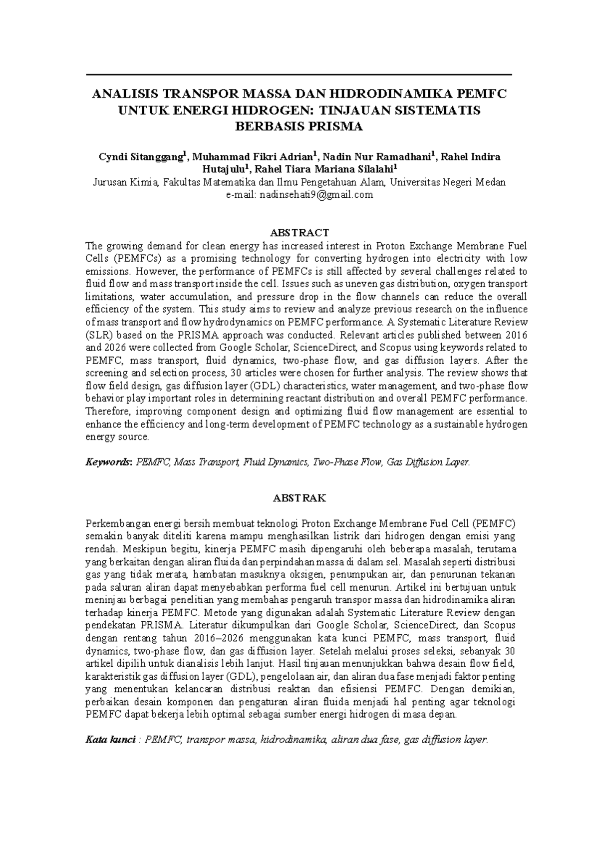 ANALISIS MASSA TRANSPORT DAN HIDRODINAMIKA PEMFC: TINJAUAN SISTEMATIS ...